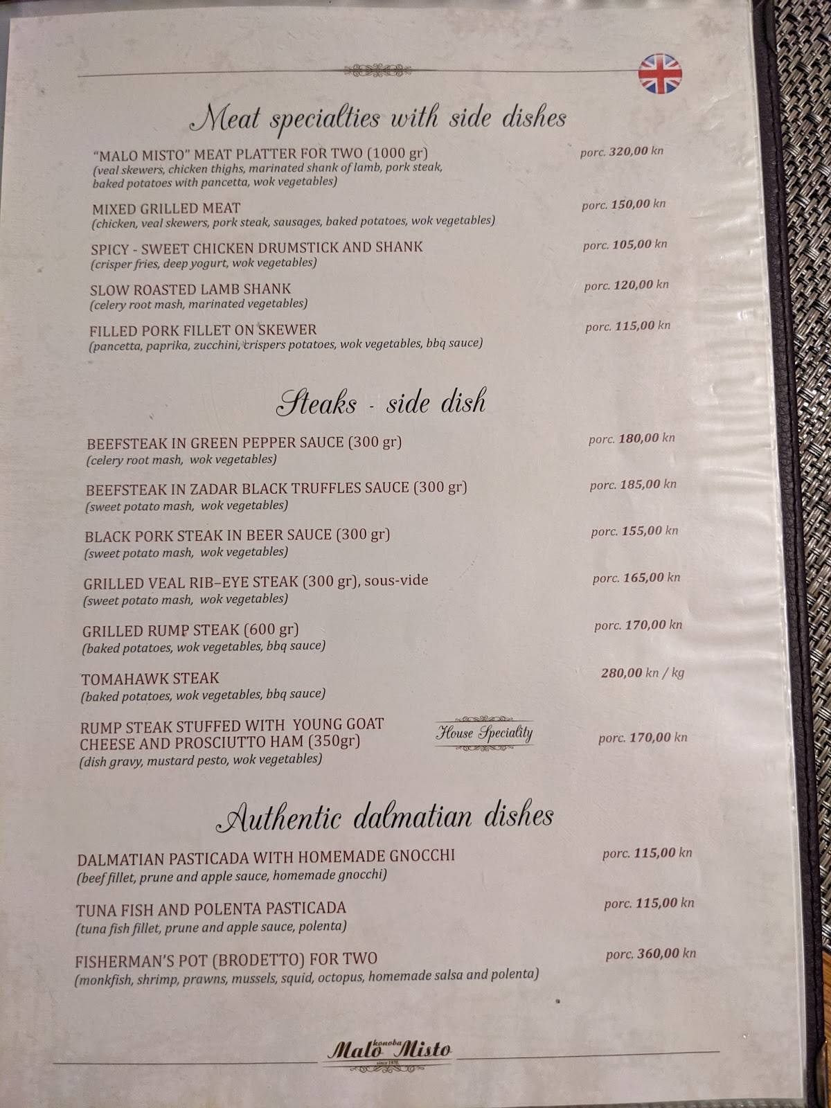 Menu at Restaurant Malo Misto, Zadar