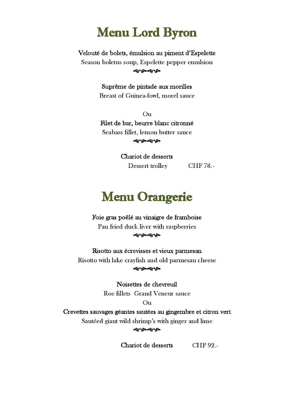 Menu au Restaurant la Perle du Lac, Genève, Rue de Lausanne 126