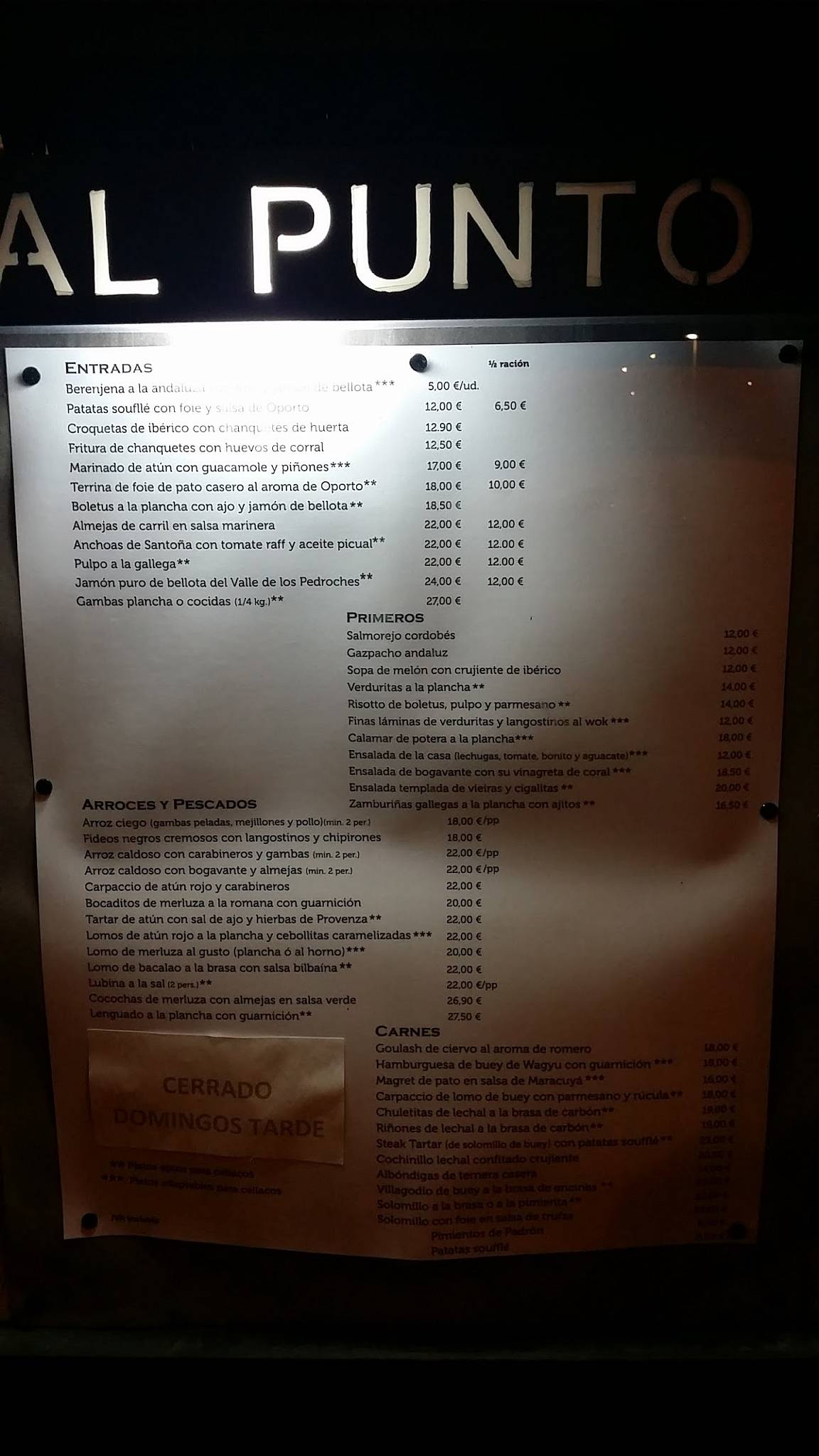 Carta de Restaurante Al Punto, Madrid, Av. de Machupichu