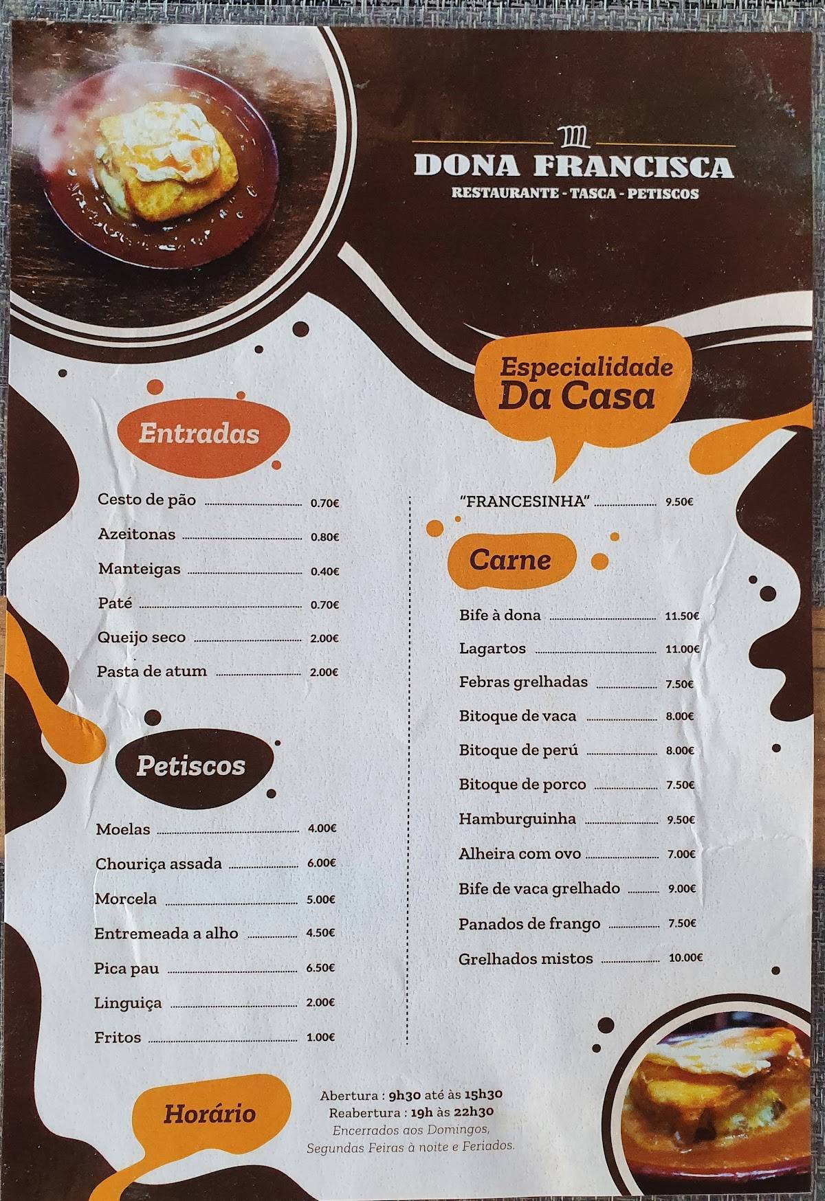 Carta de Restaurante Dona Francisca, Marinha Grande
