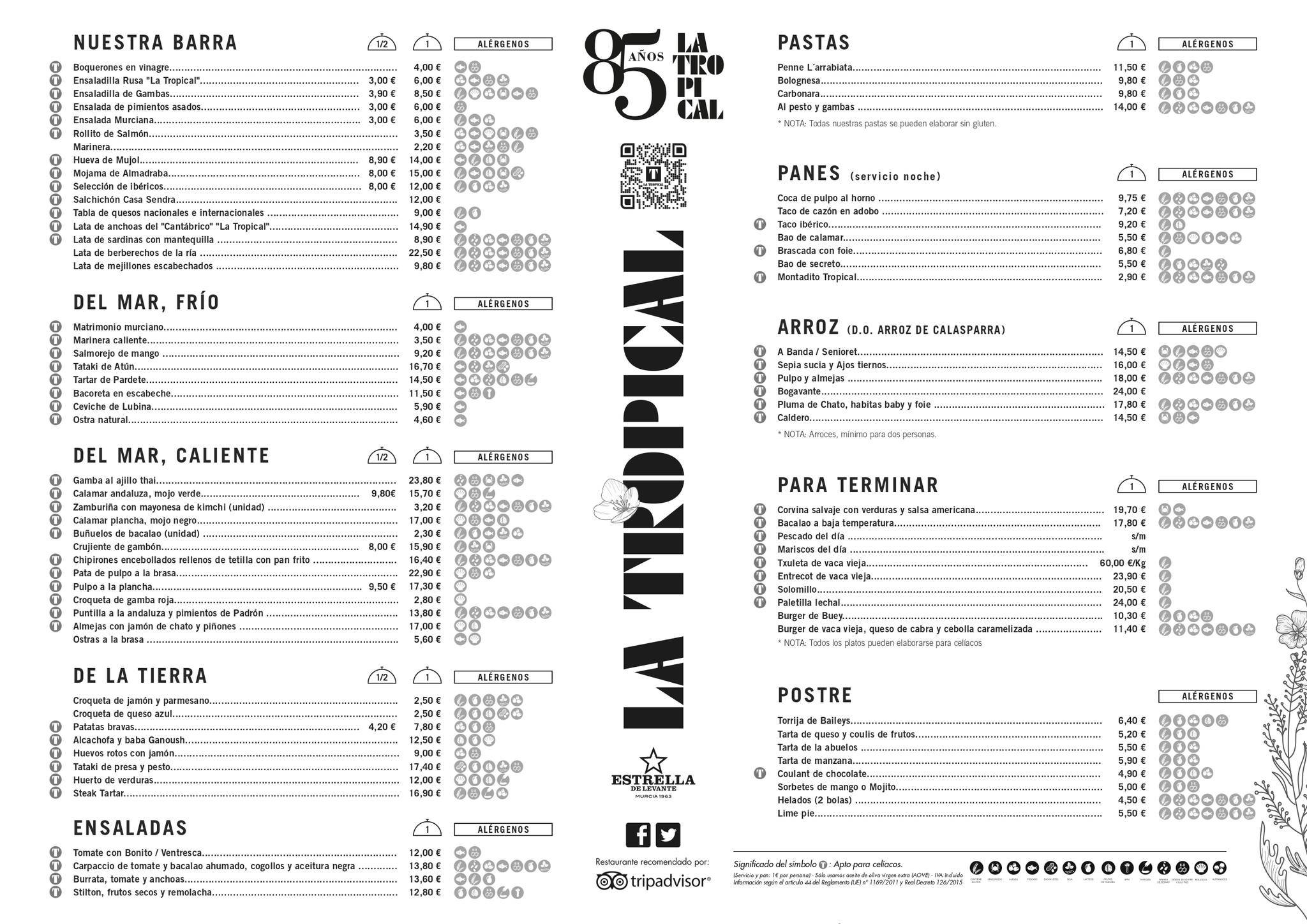 Carta de Restaurante La Tropical, Los Alcázares