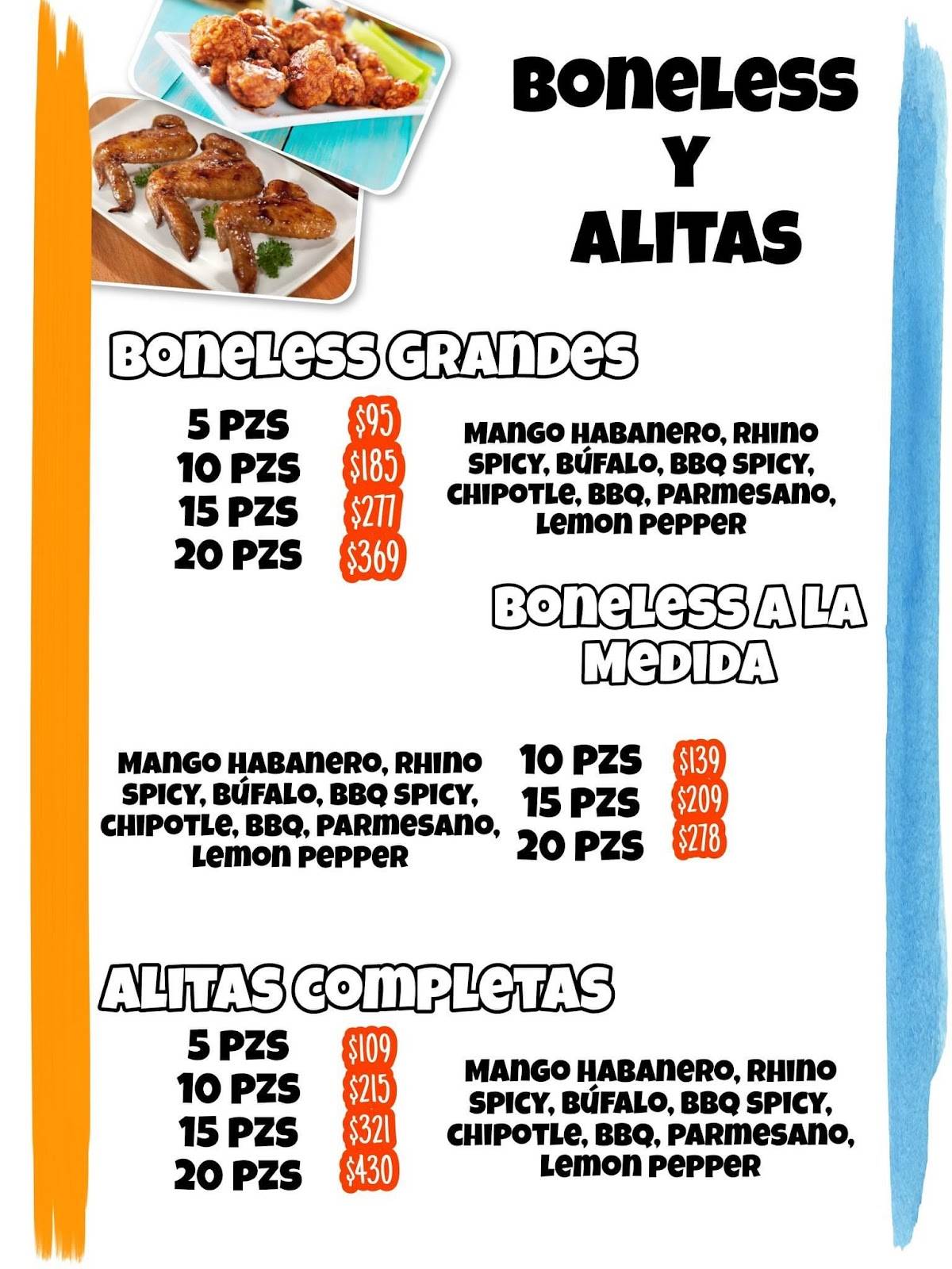 Carta del restaurante Rhinos boneless y alitas, Reynosa
