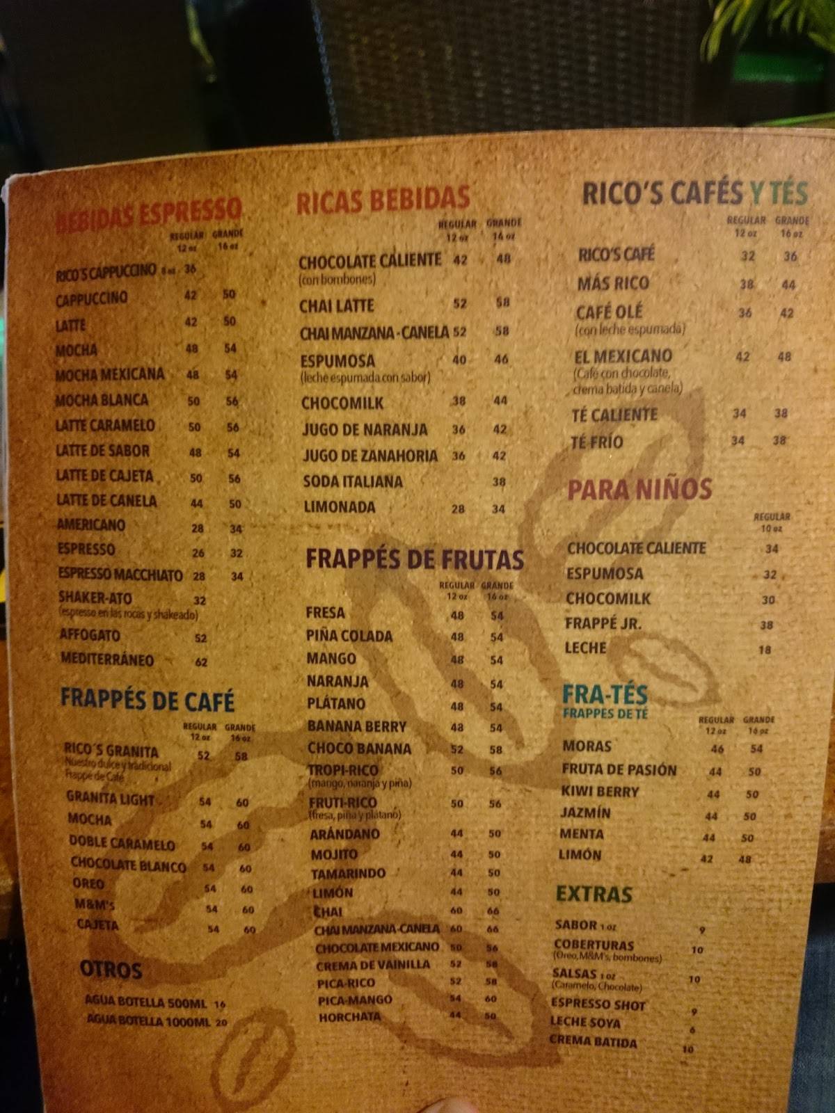 Menu at Rico's Café - Marina, Mazatlán, Blvd. Marina Mazatlan 2216