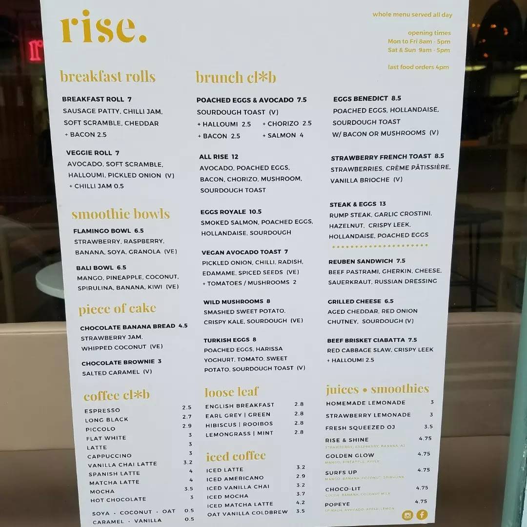 Menu at Rise. restaurant, York