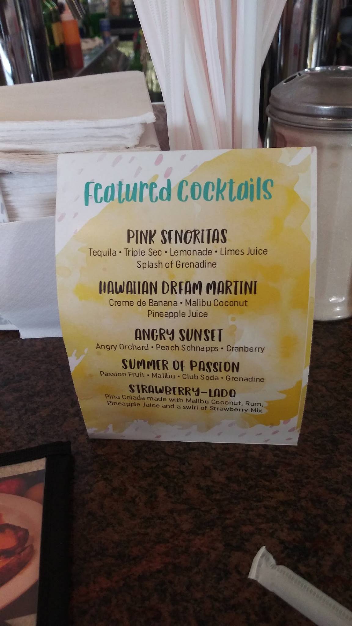 Menu at Rumors restaurant, Toledo