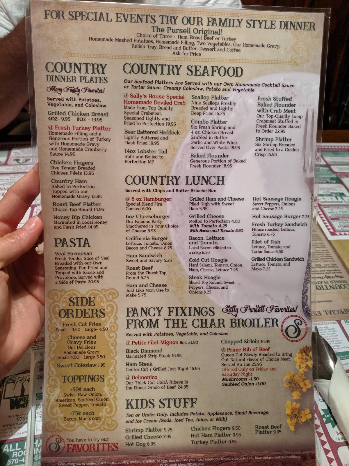Menu at Sally Pursell's Country Inn restaurant, USA