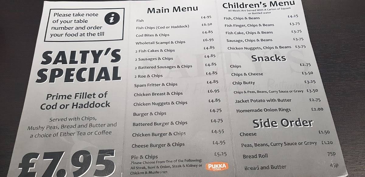 Menu at Salty's Mablethorpe Fish and Chip take away and restaurant ...