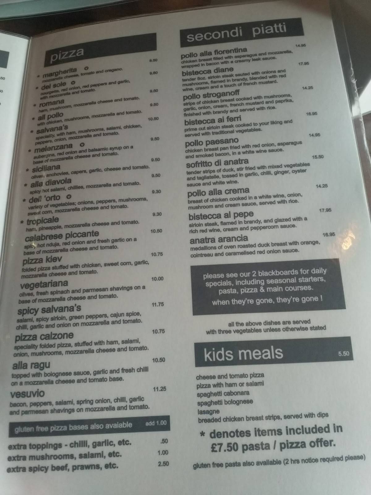 Menu at Salvana's Restaurant, Barrow-in-Furness