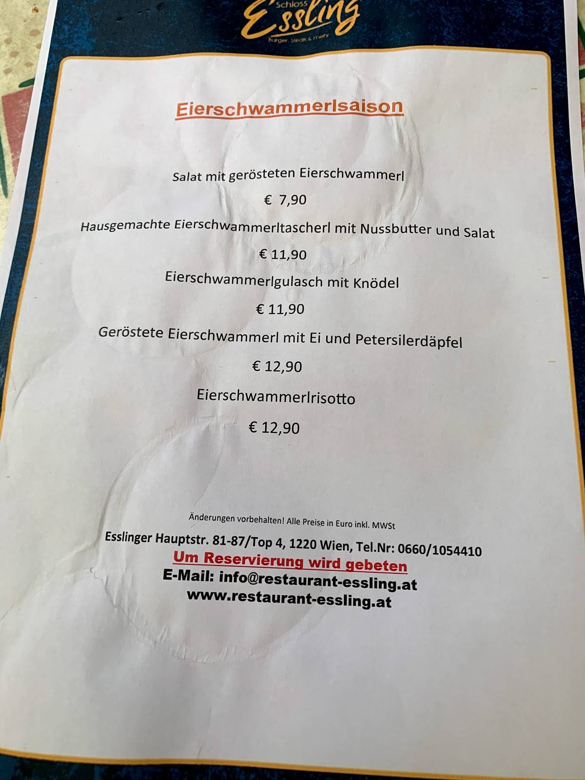 Menu au Restaurant Schloß Eßling, Vienne