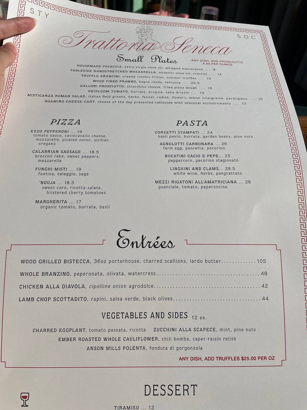 Menu at Seneca Trattoria restaurant, San Diego