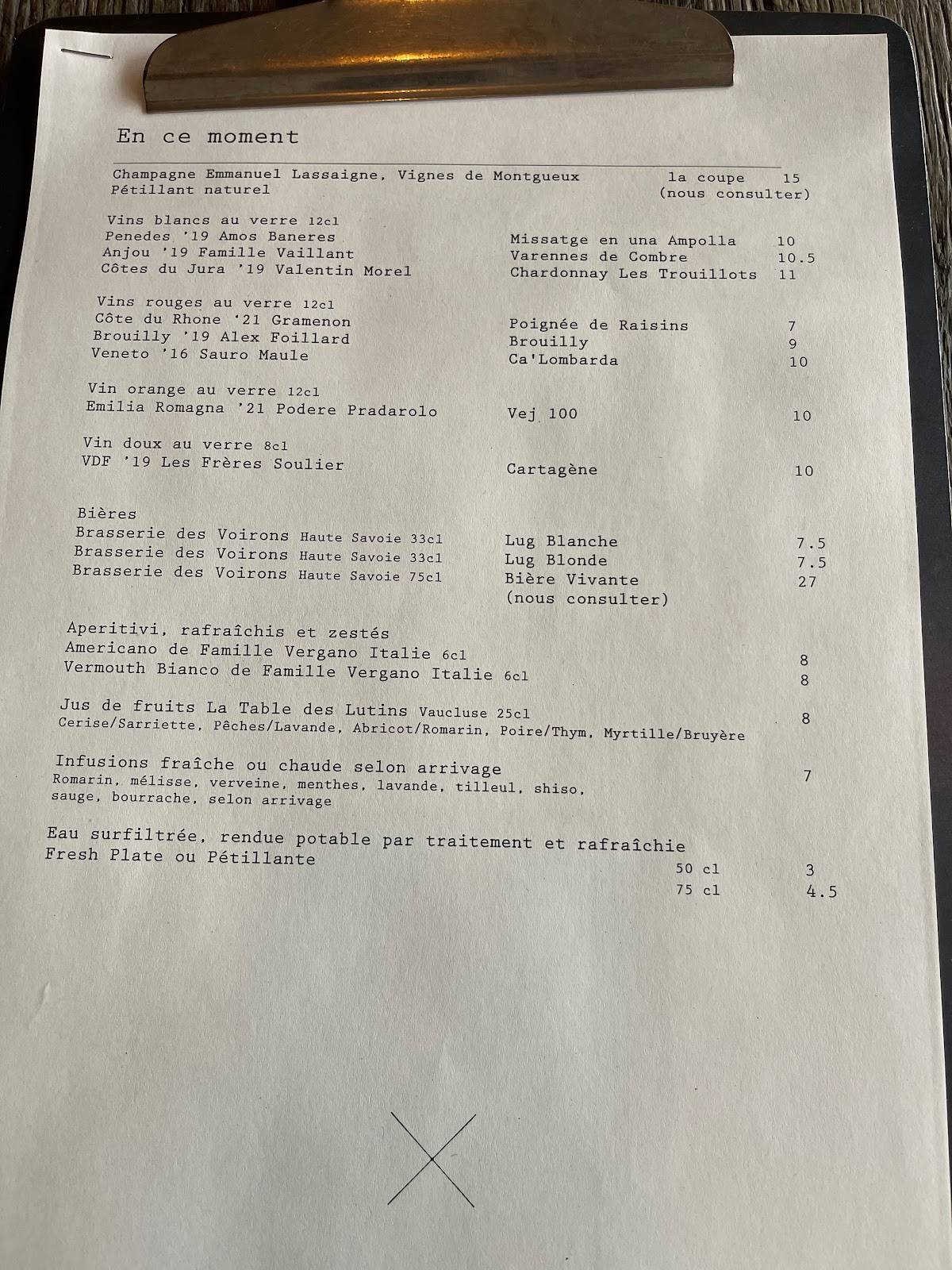 Menu at Septime restaurant, Paris, 80 Rue de Charonne