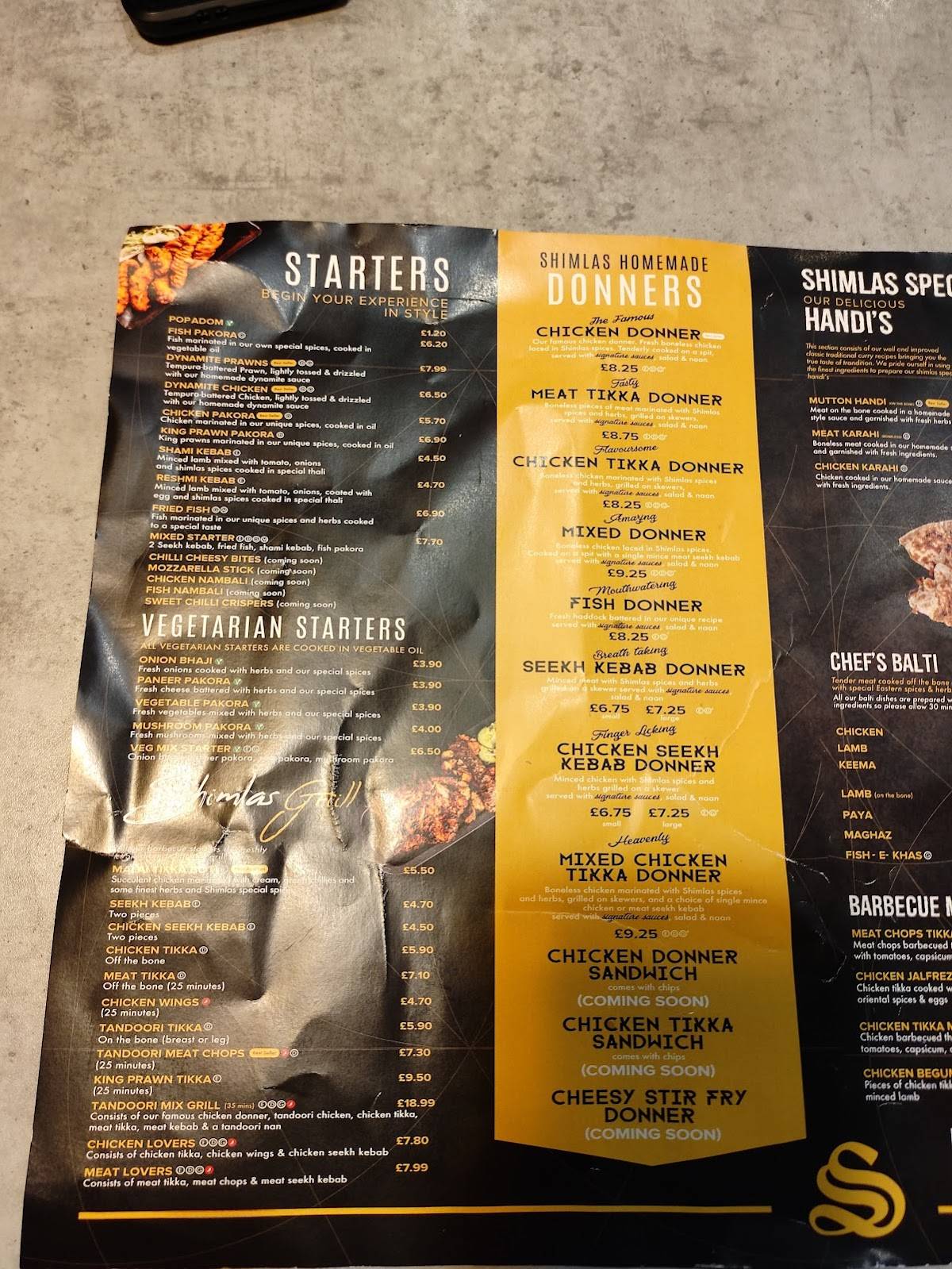 Menu at Shimlas leeds restaurant, Leeds