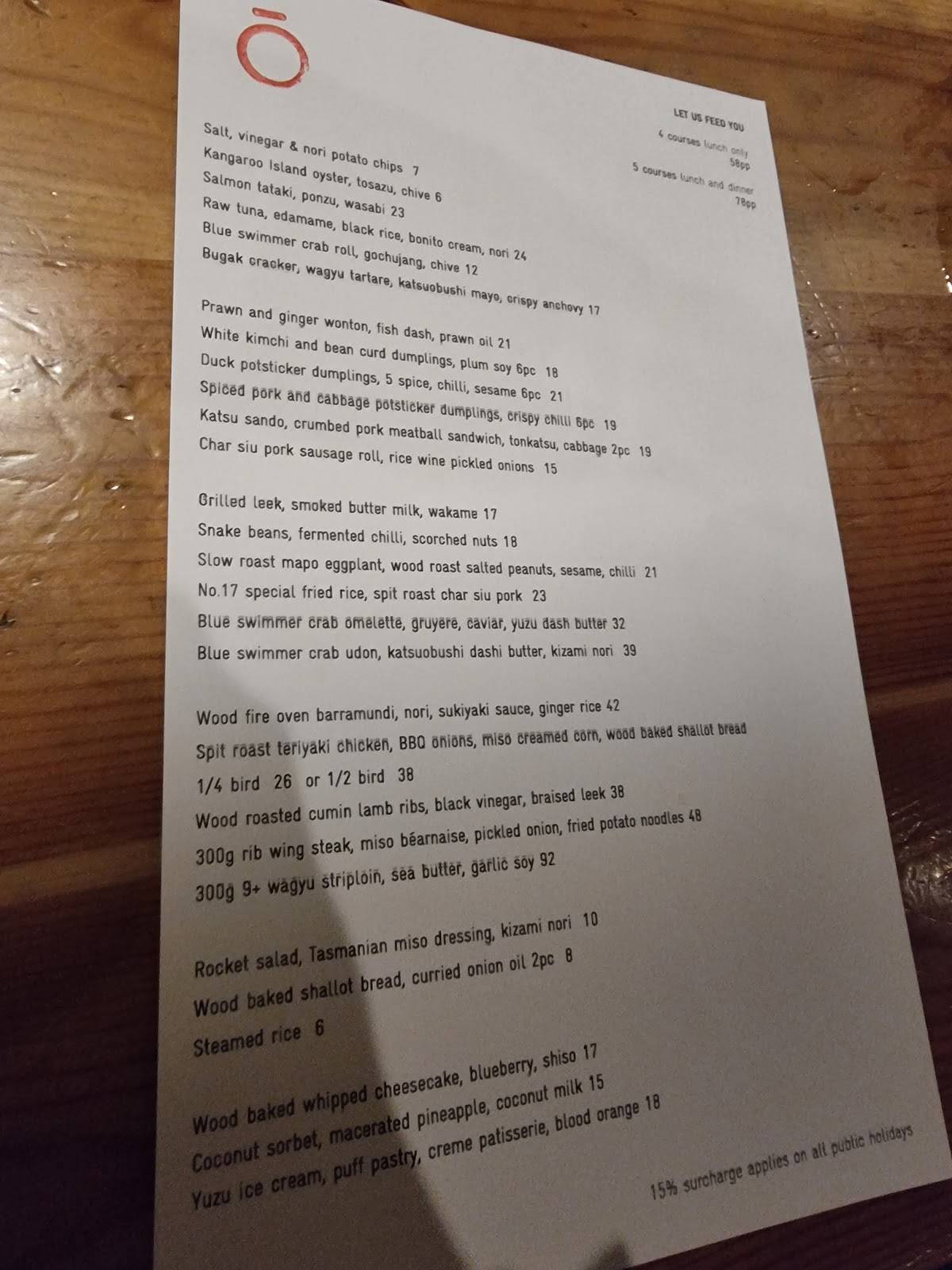 Menu at Shobosho restaurant, Adelaide