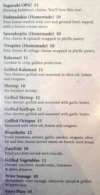 Menu at Sotiris Greek Restaurant, Burlington