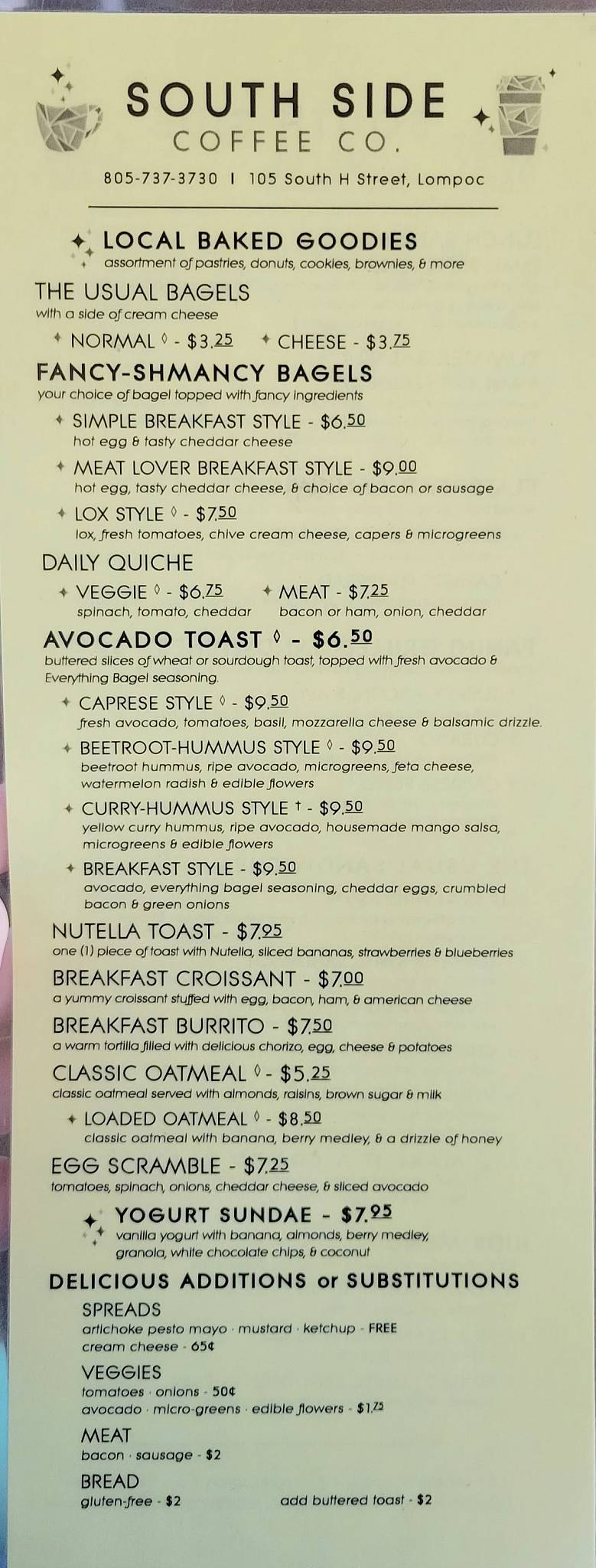 Menu at South Side Coffee Co cafe, Lompoc