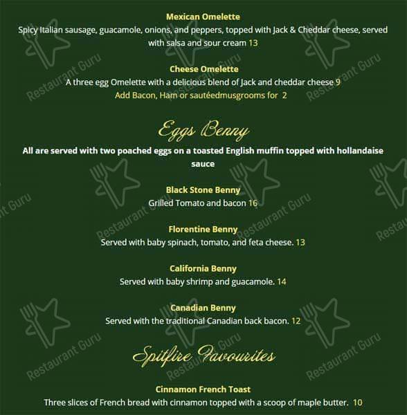 Menu at Spitfire Grill restaurant, Sidney