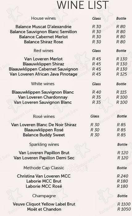 Menu at Stages restaurant, Johannesburg, Loveday Street