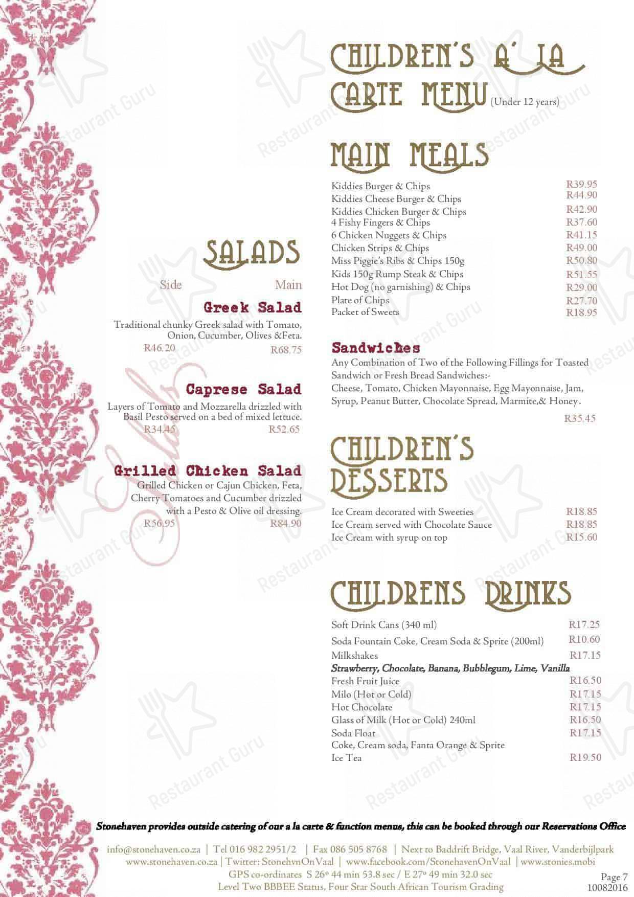 Menu at Stonehaven on Vaal restaurant, Vanderbijlpark