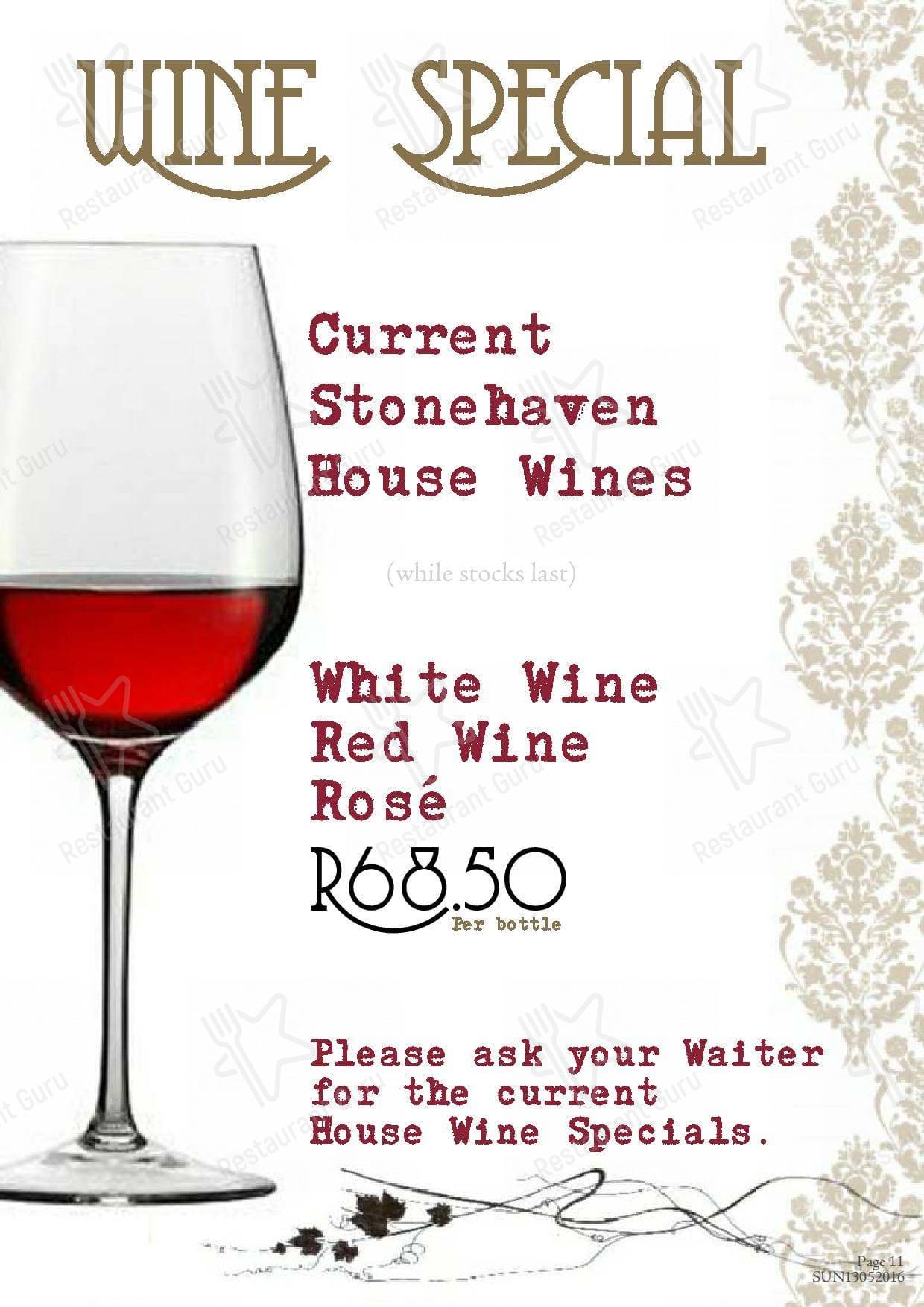 Menu at Stonehaven on Vaal restaurant, Vanderbijlpark