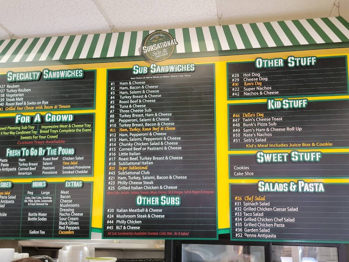 Menu at Sub-Sational restaurant, Whiteville
