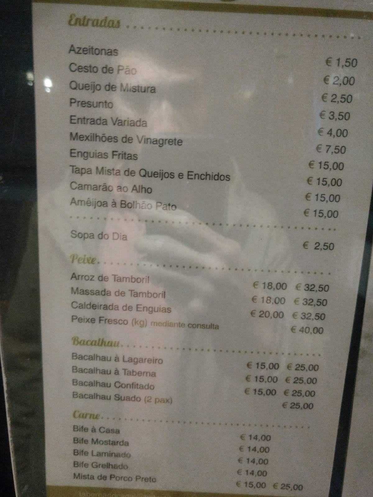 Menu em Taberna do Canal restaurante, Aveiro