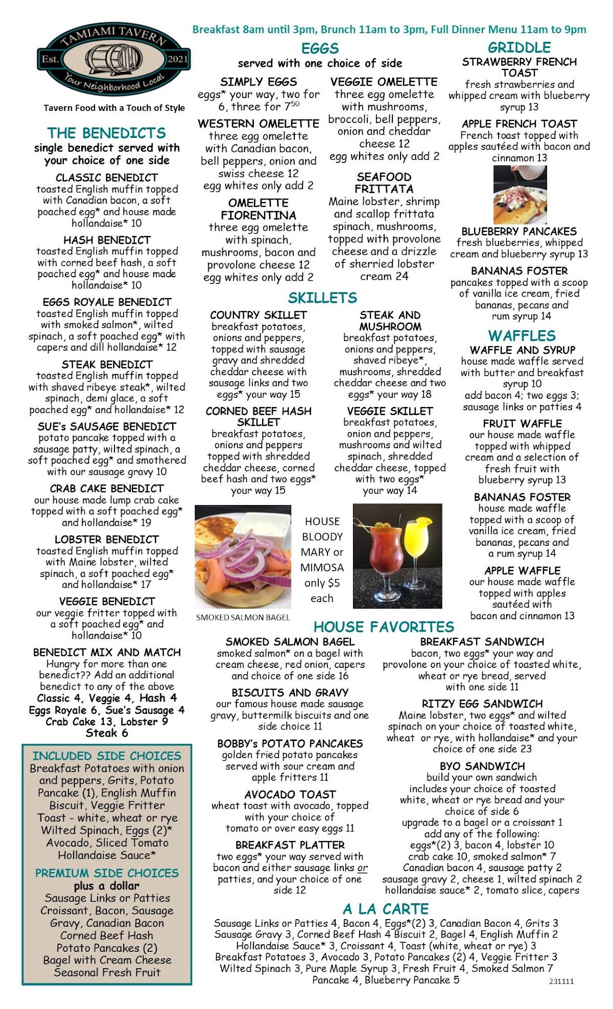 Menu at Tamiami Tavern restaurant, Punta Gorda