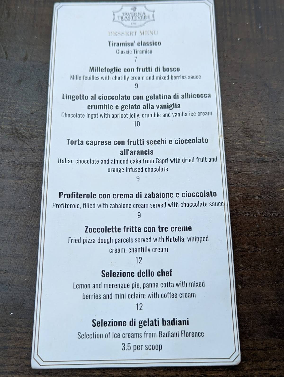Menu at Taverna Trastevere restaurant, London