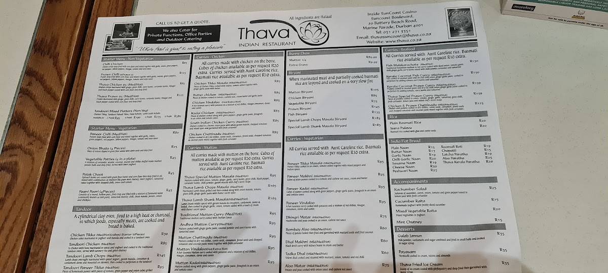 Menu at Thava Suncoast restaurant, Durban