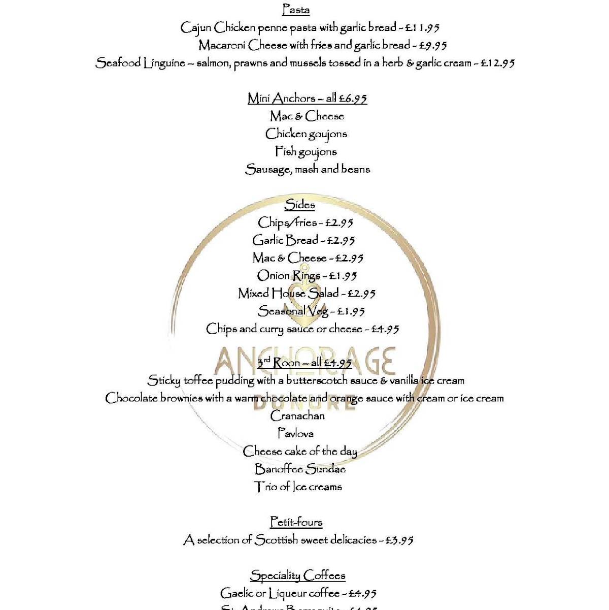 Menu at The Anchorage restaurant, Dunure