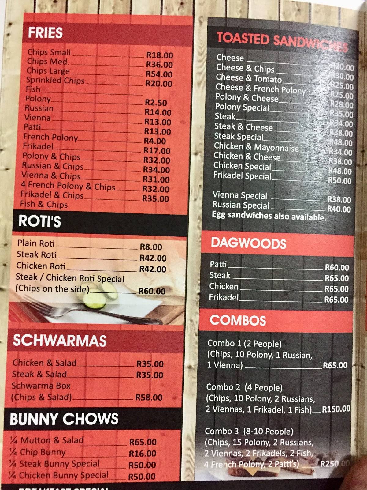 Menu at The Chip Shop restaurant, Johannesburg