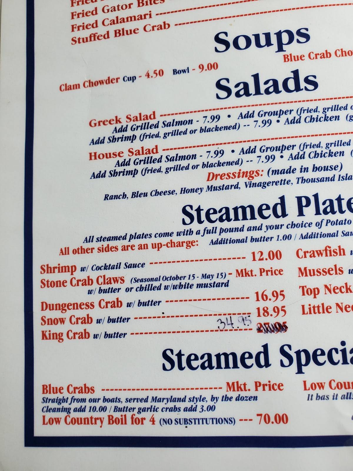 Menu at The Crab Plant restaurant, Crystal River