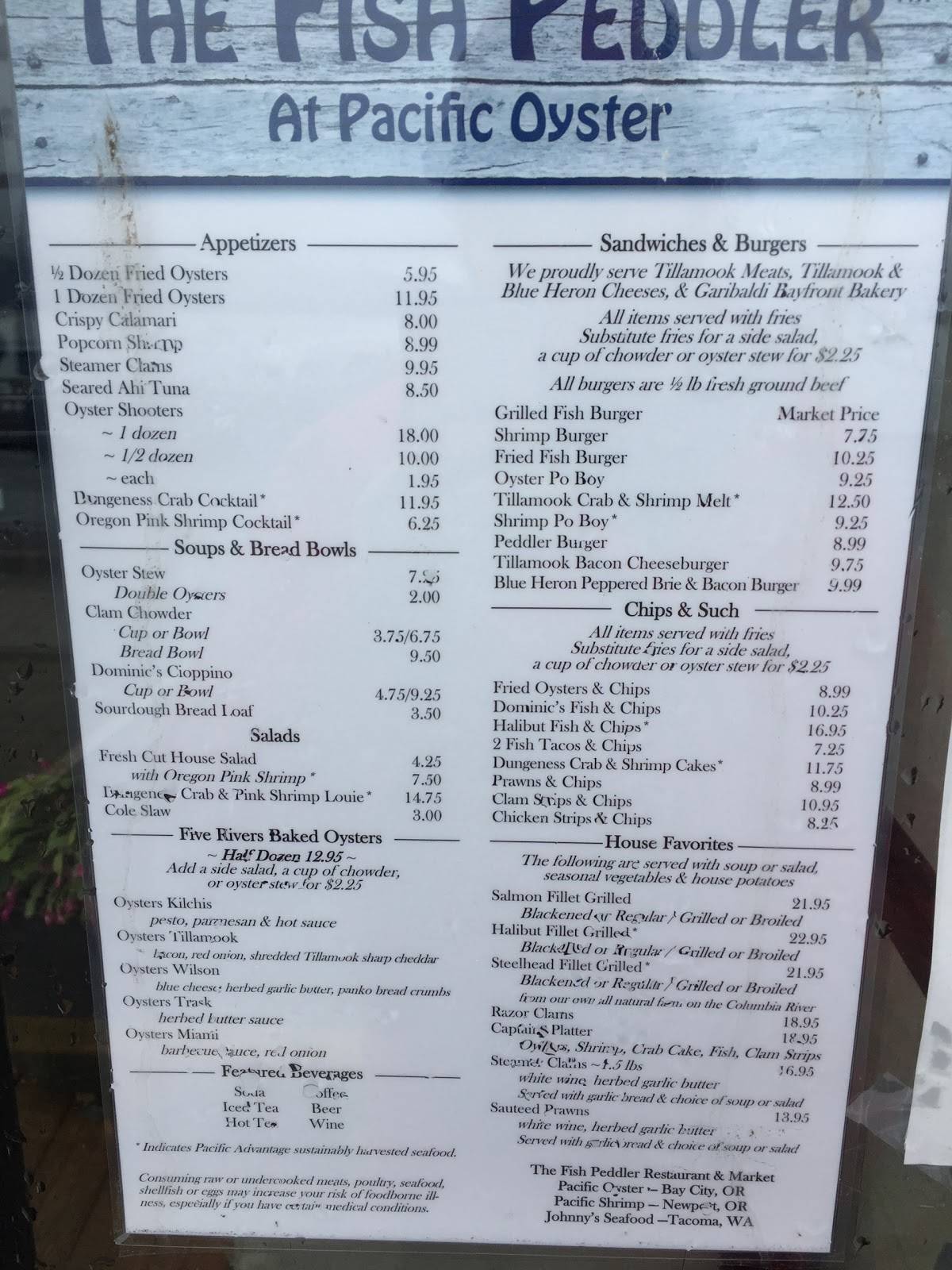 Menu at The Fish Peddler at Pacific Oyster restaurant, Bay City, Hayes ...