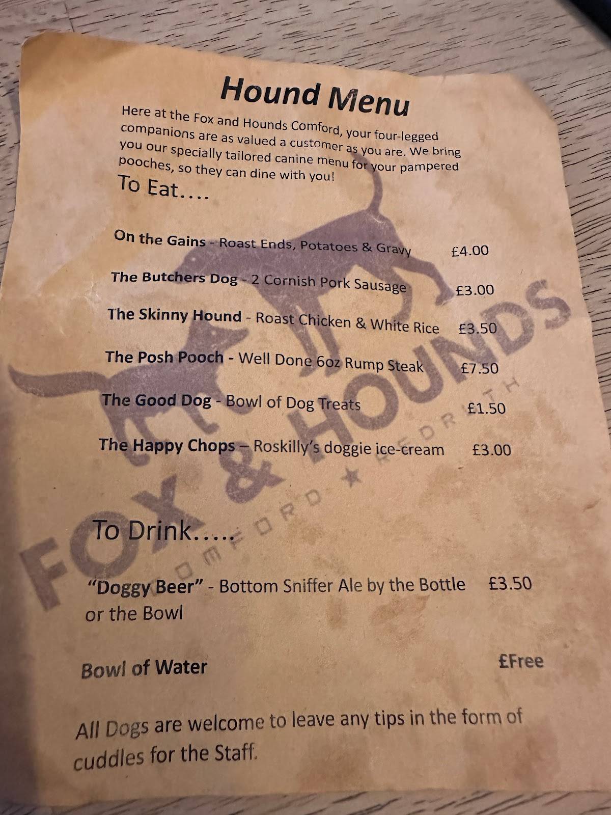 Menu at The Fox & Hounds Comford restaurant, Redruth