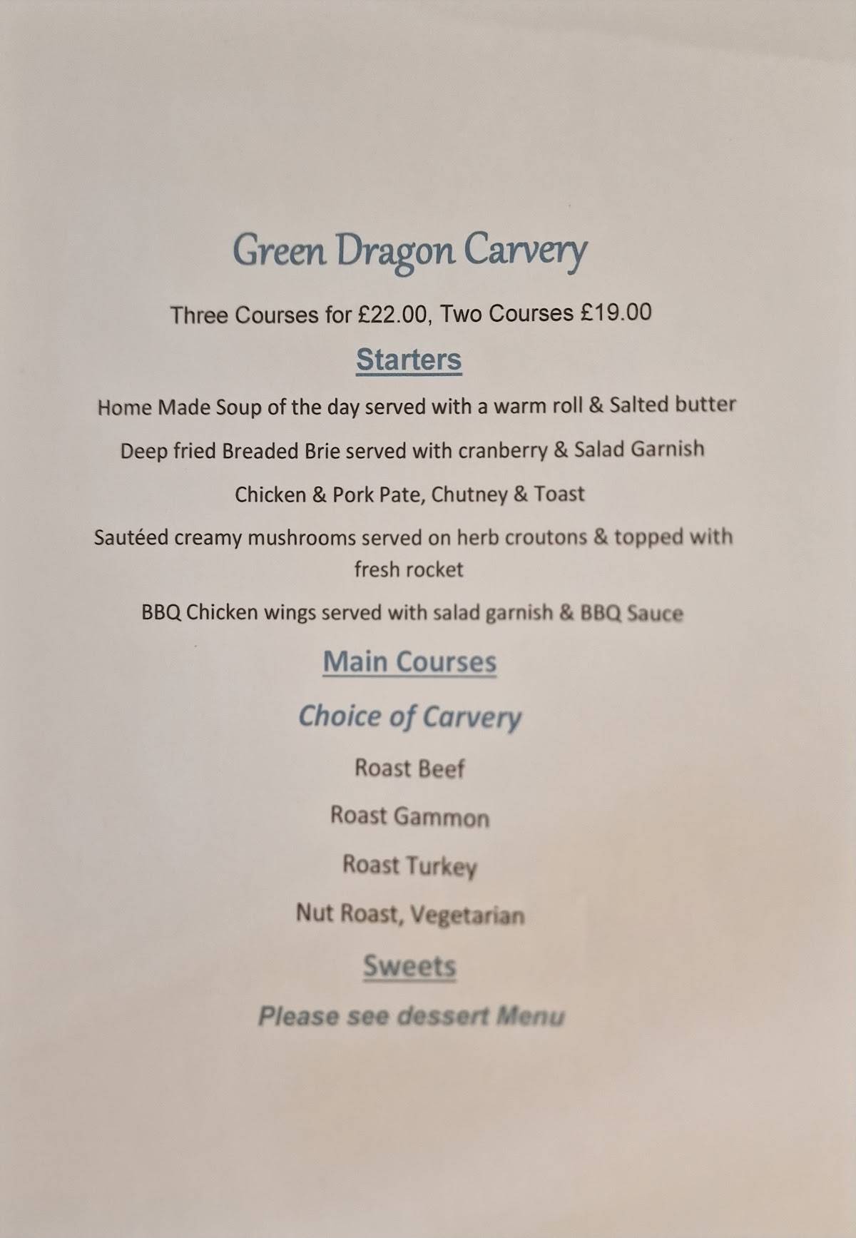 Menu at The Green Dragon Inn & Kitchen restaurant, Welshpool, The Green ...