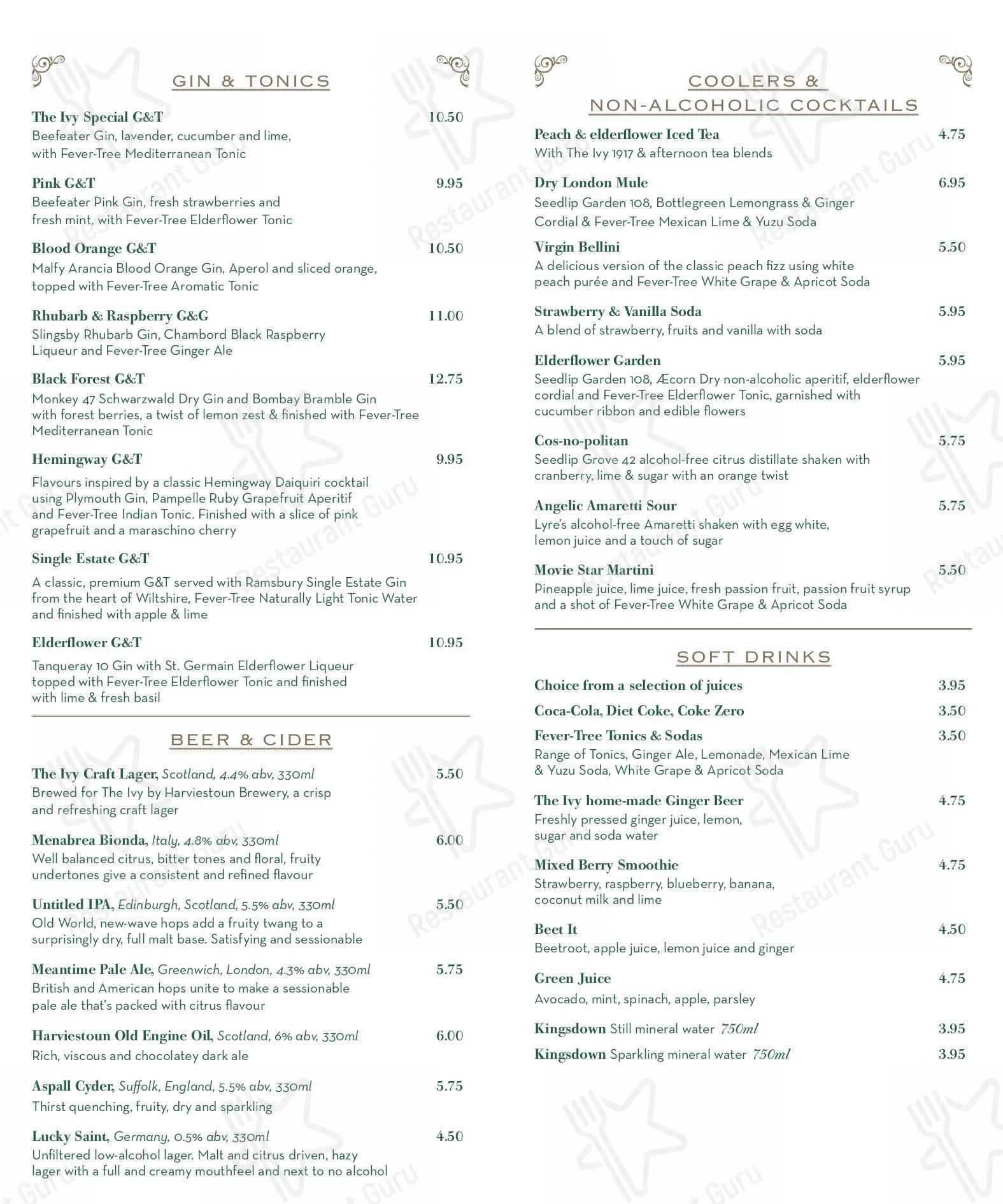 Menu at The Ivy Cambridge Brasserie restaurant, Cambridge