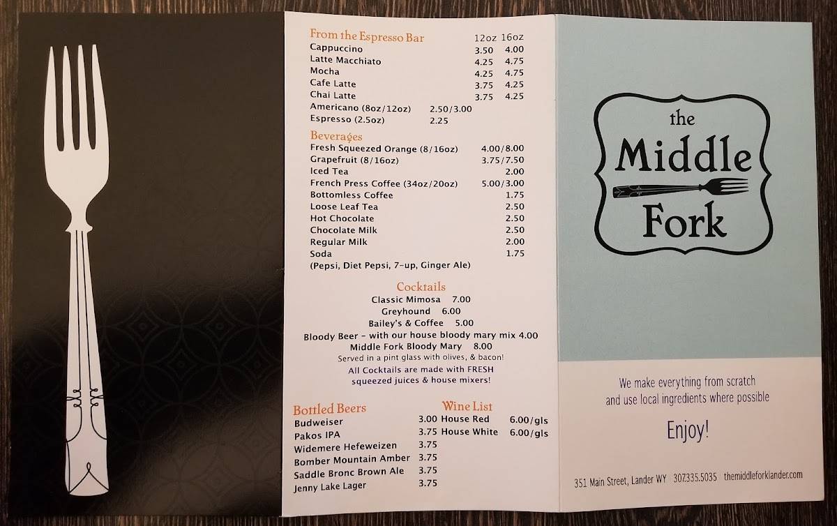 Menu at The Middle Fork restaurant, Lander