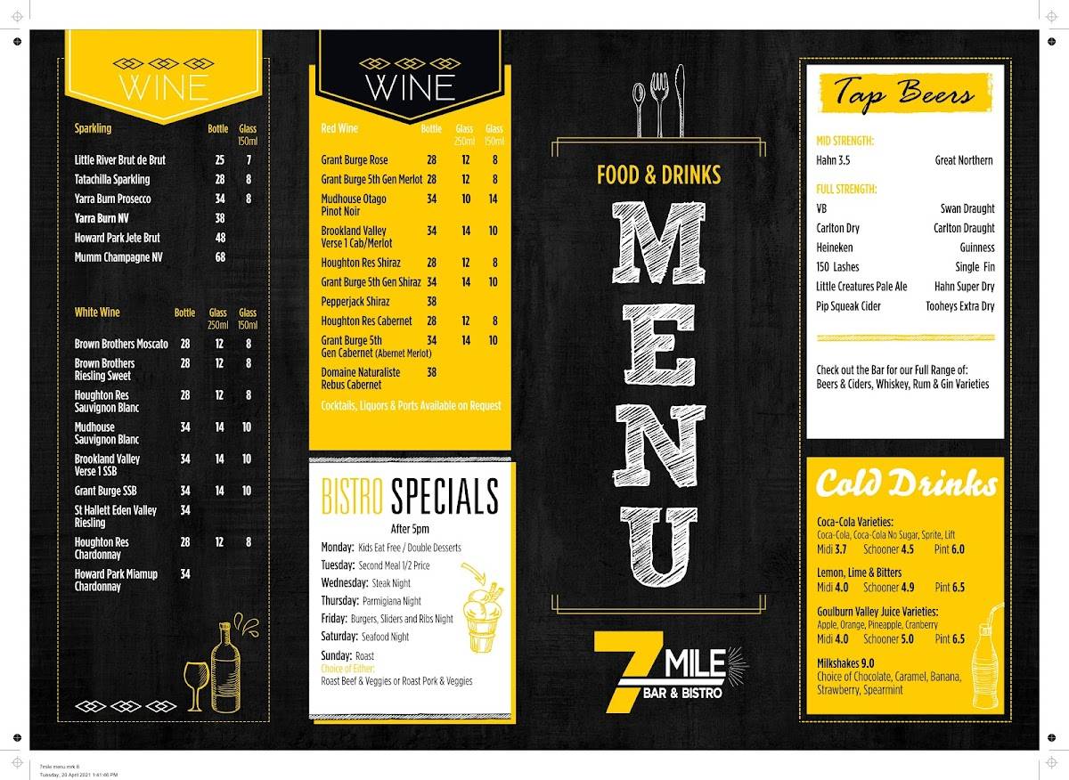 Menu at The Seven Mile Bar & Bistro, Balcatta