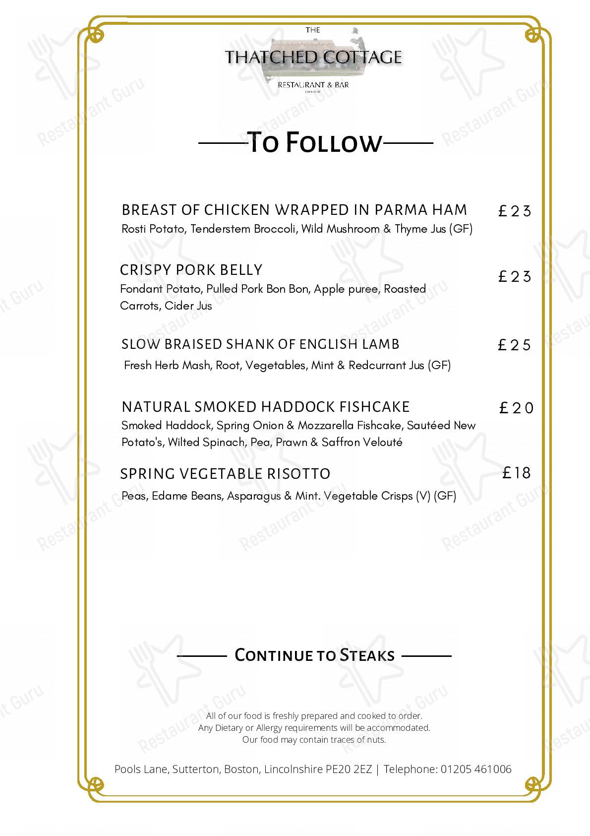 Menu at The Thatched Cottage Restaurant, Sutterton