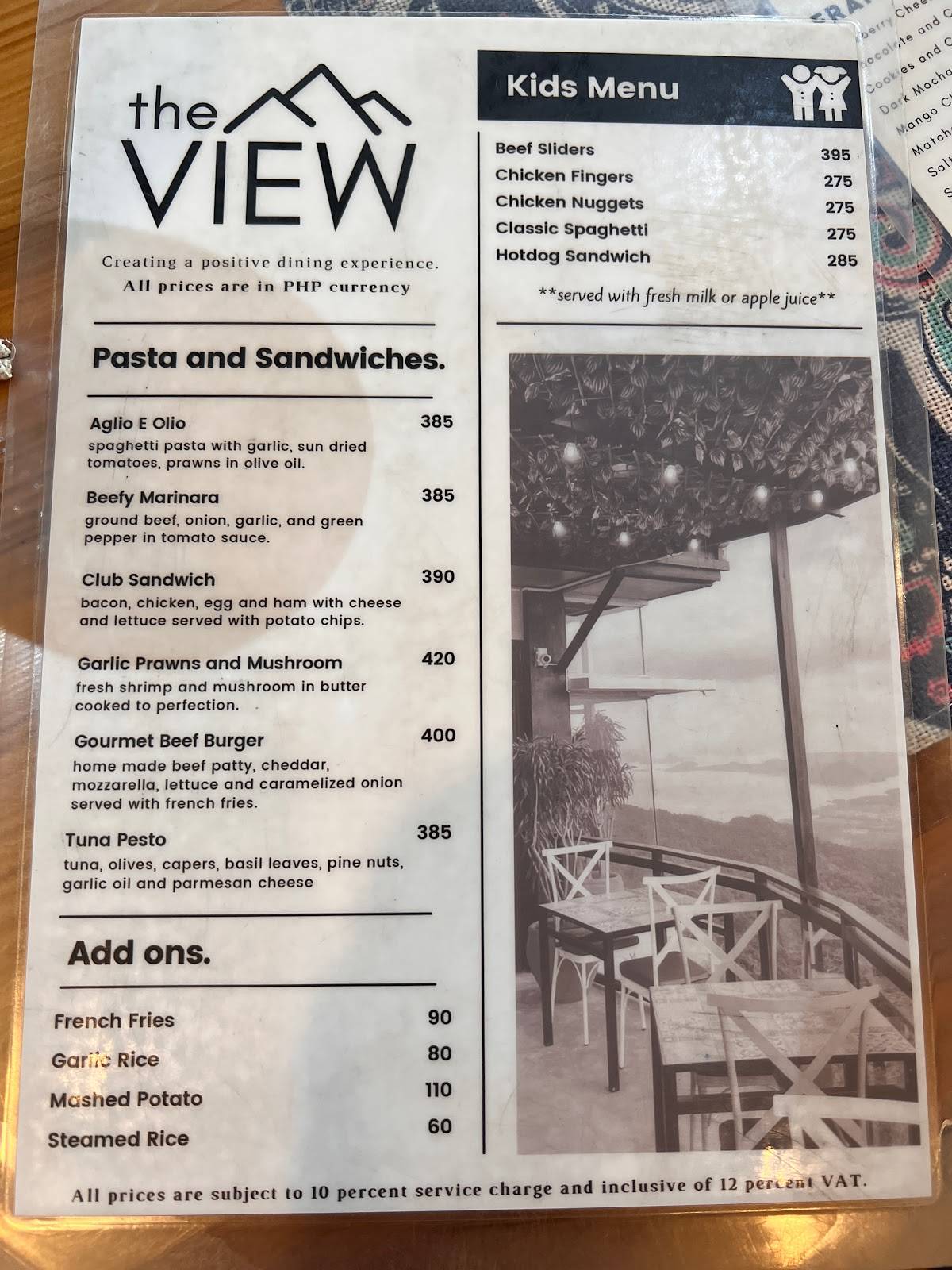Menu at The View Restaurant • Cafe, Laurel