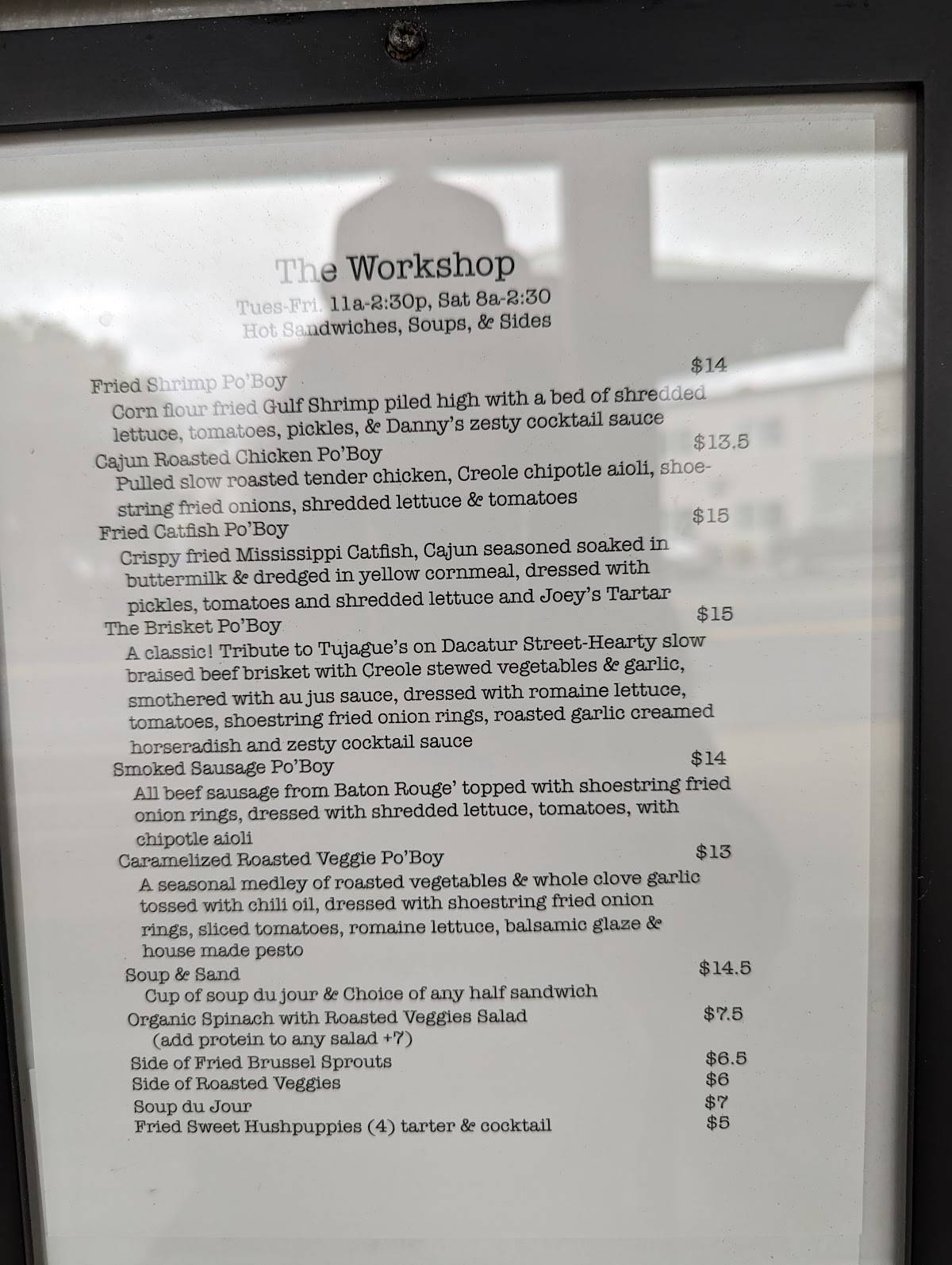 Menu at The Workshop restaurant, Benicia