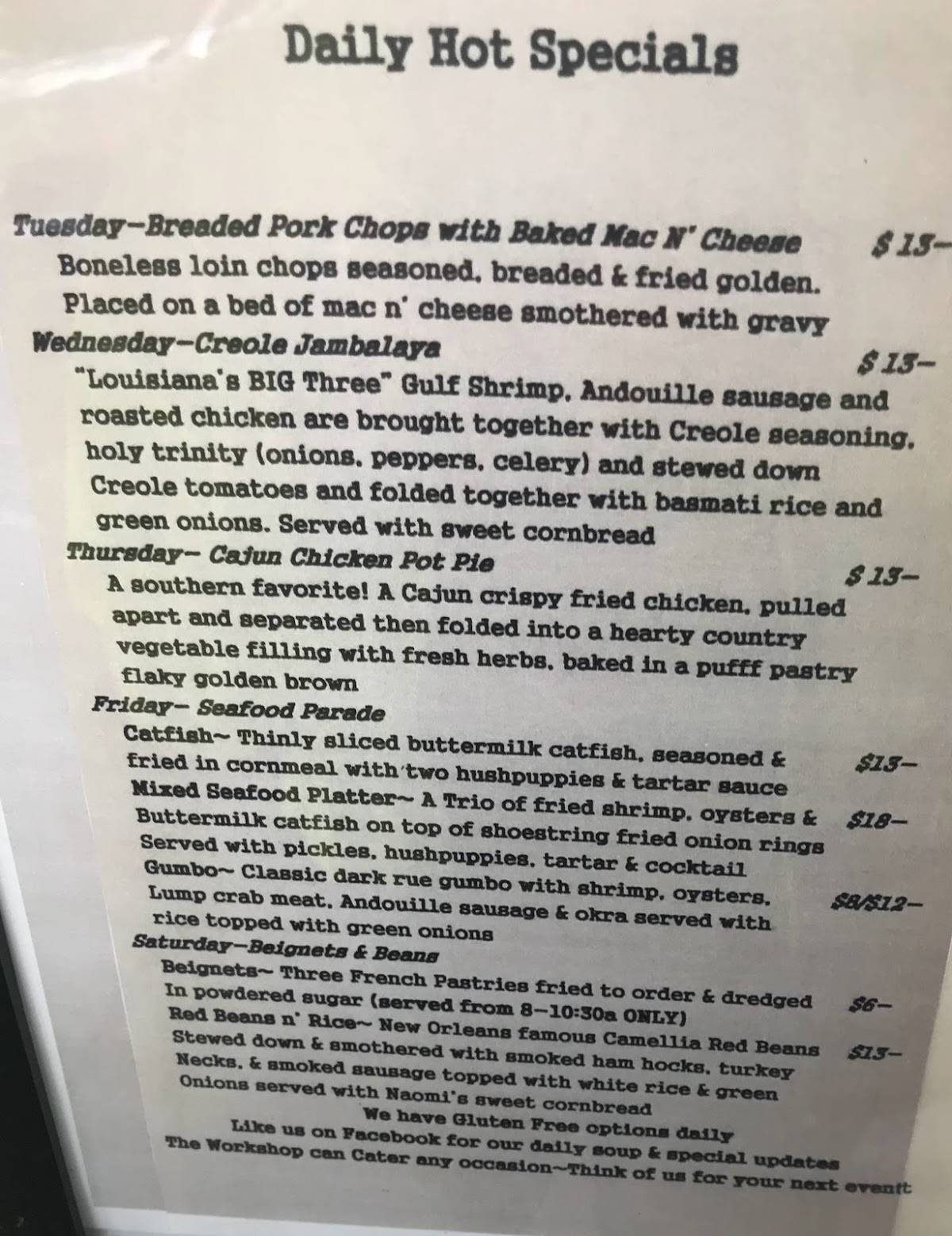 Menu at The Workshop restaurant, Benicia