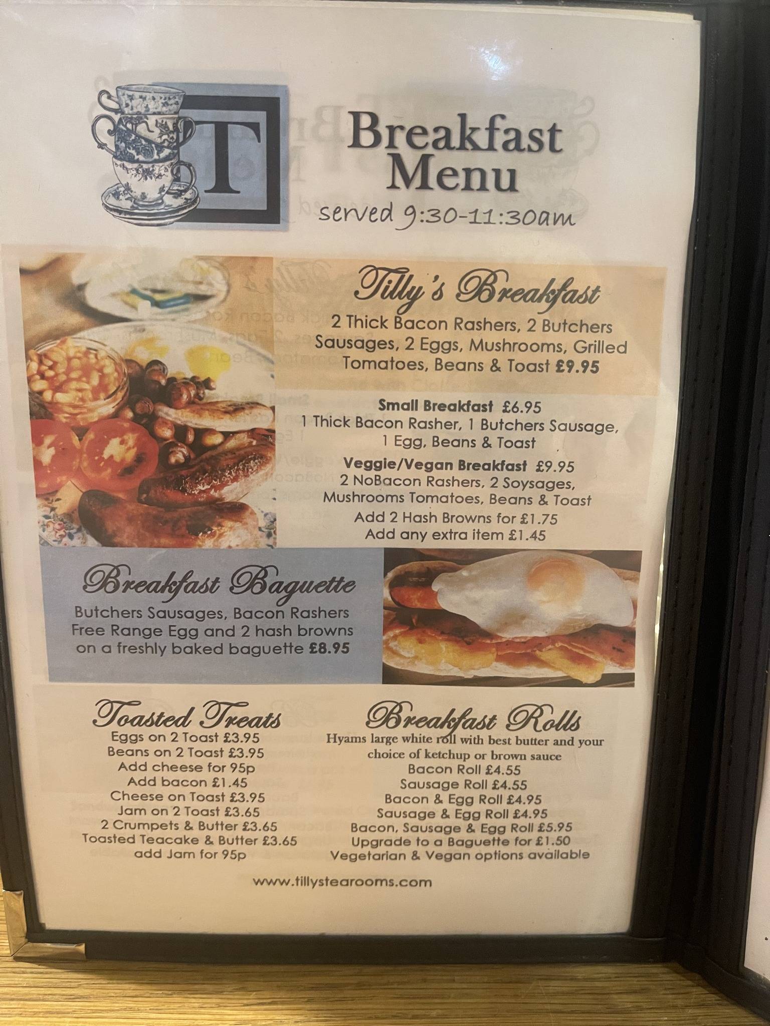 Menu at Tilly's Tearoom restaurant, Brandon