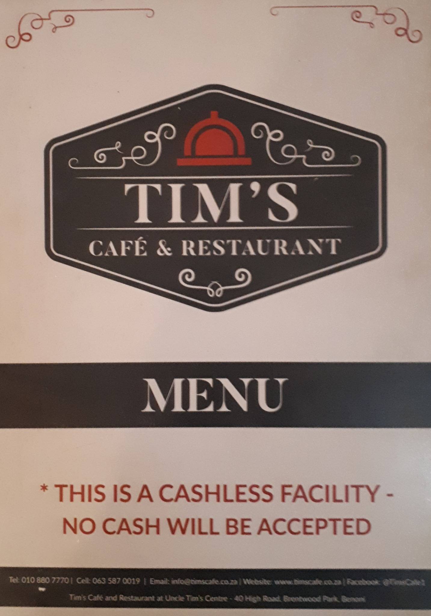 Menu at Tim’s Cafe, Benoni