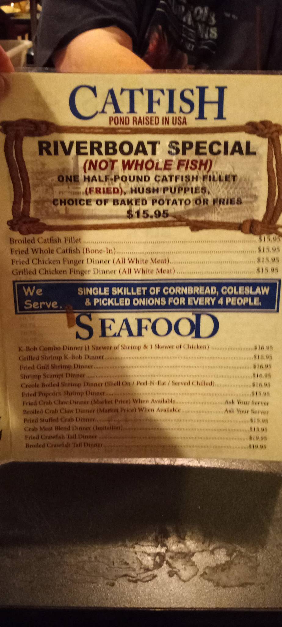 Menu at Top O' the River restaurant, Gadsden