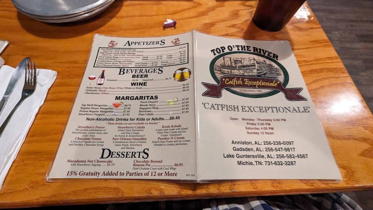 Menu at Top O' the River restaurant, Gadsden