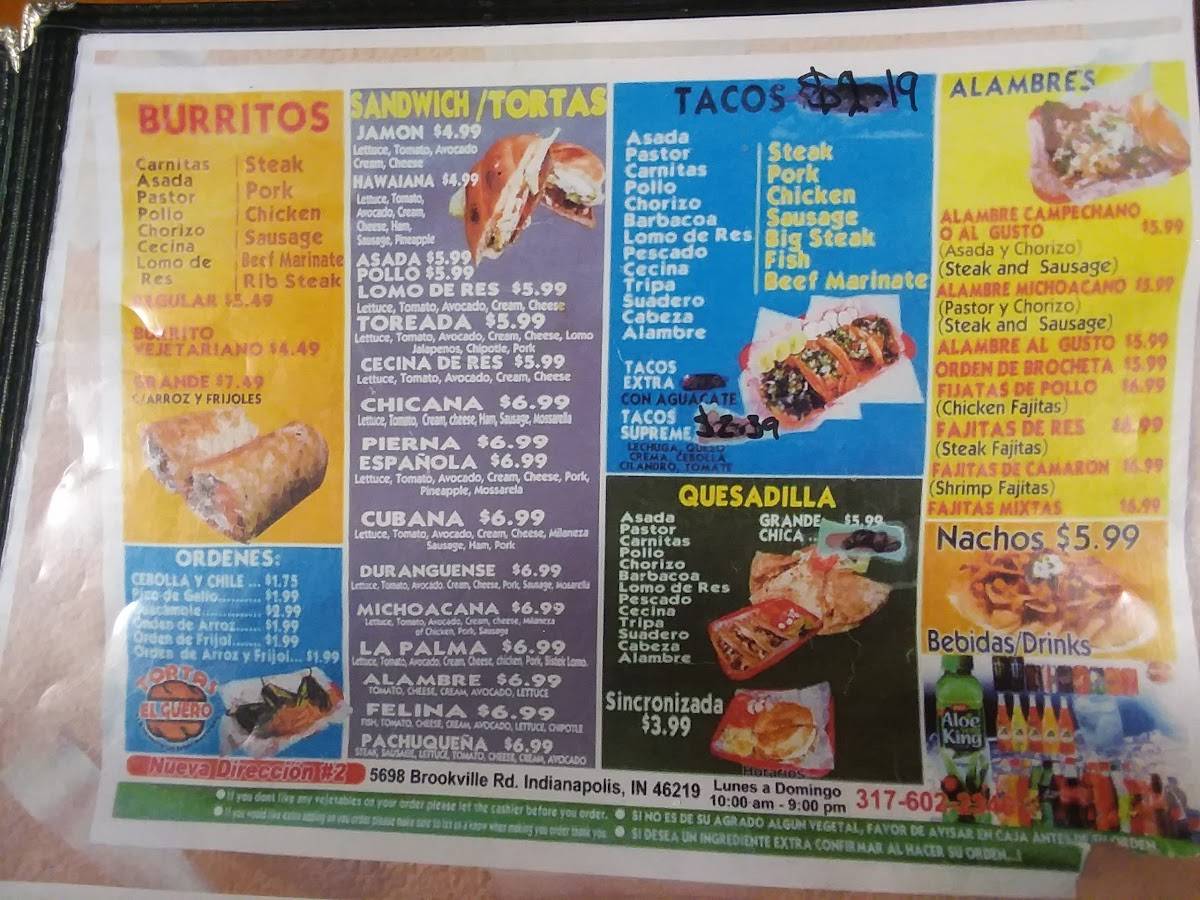 Menu at Tortas El Guero restaurant, Indianapolis, S Brookville Rd