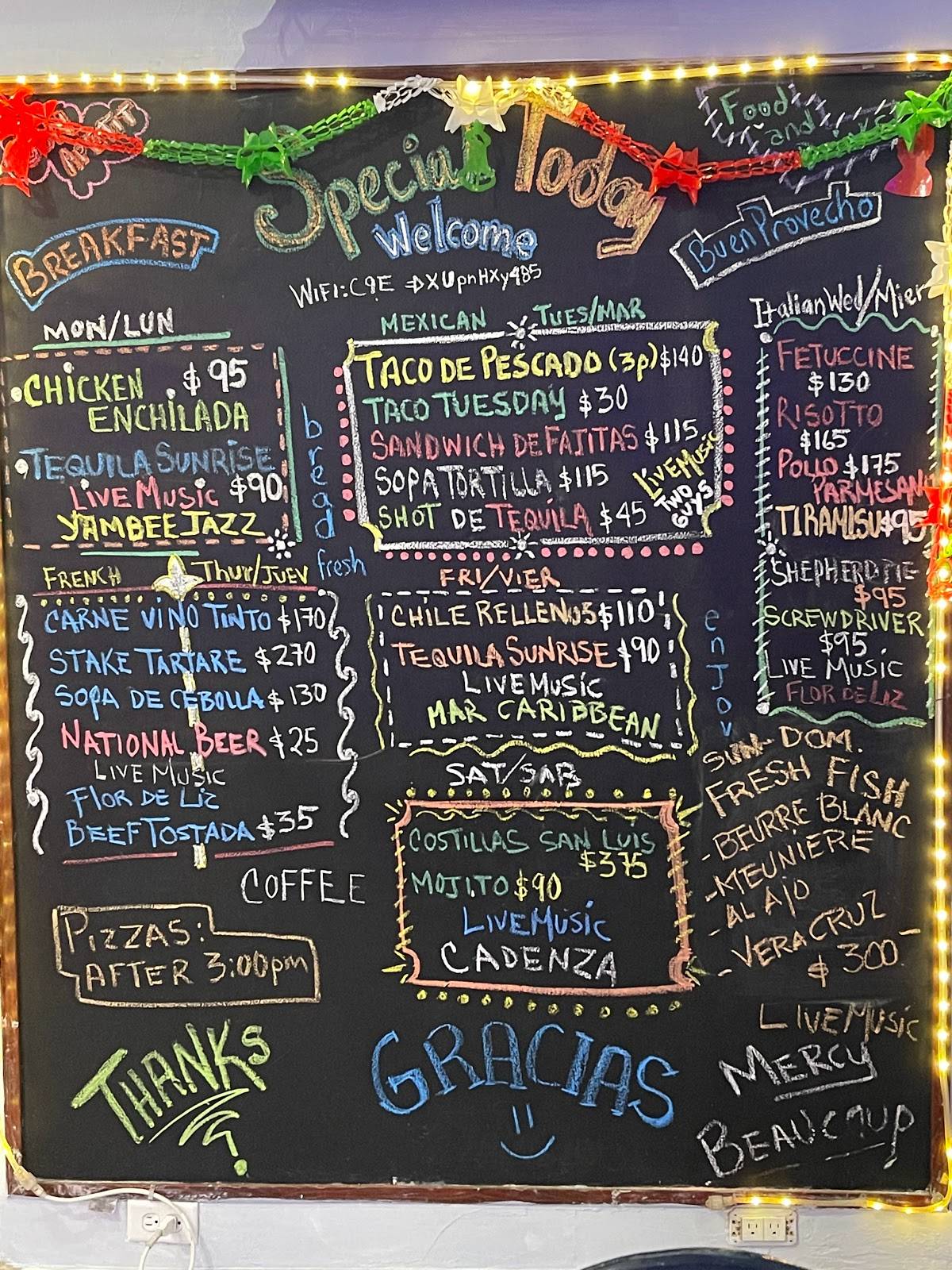 Menu at Tortuga's restaurant, San Carlos