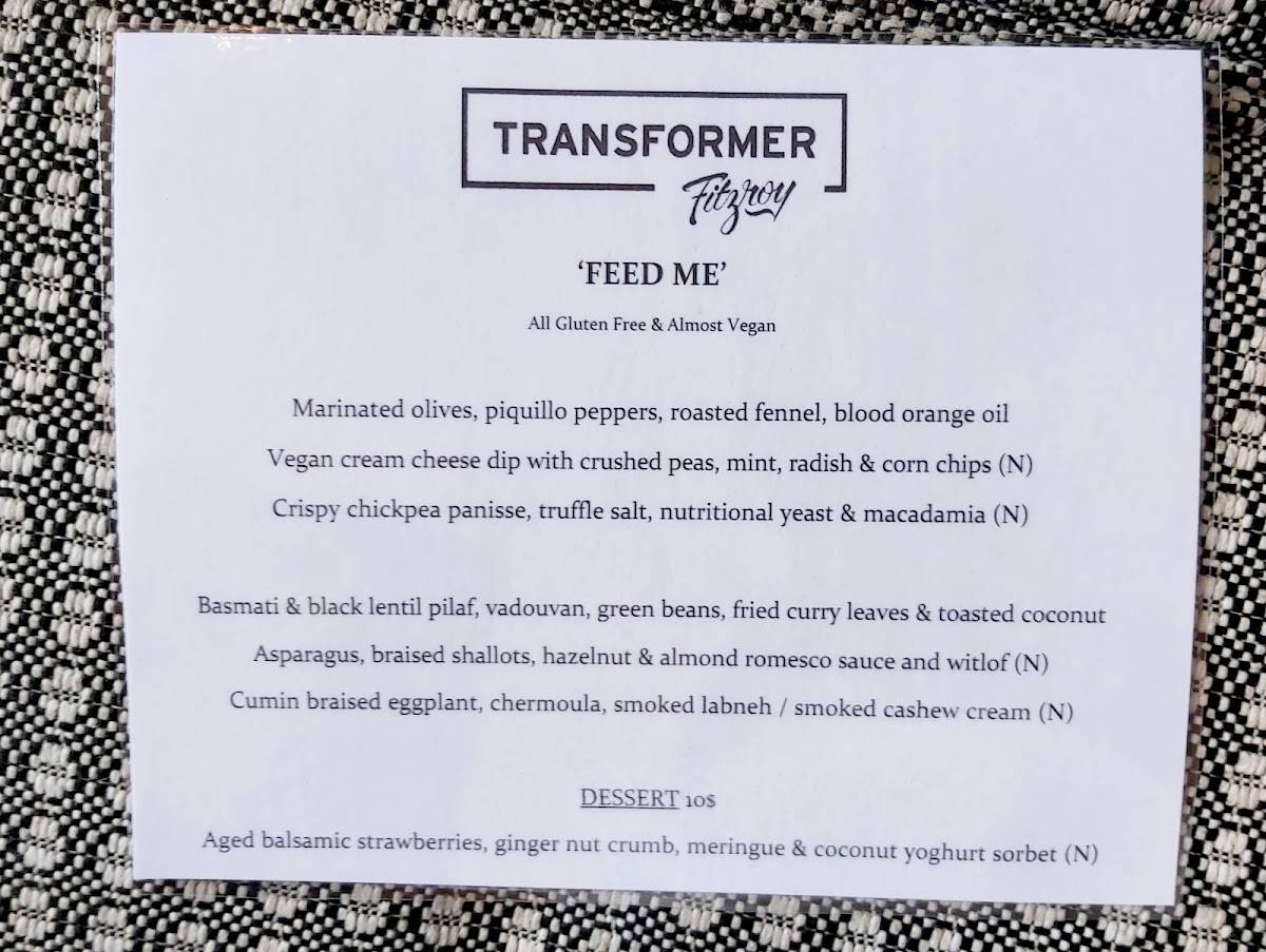 Menu at Transformer Next Door restaurant, Fitzroy