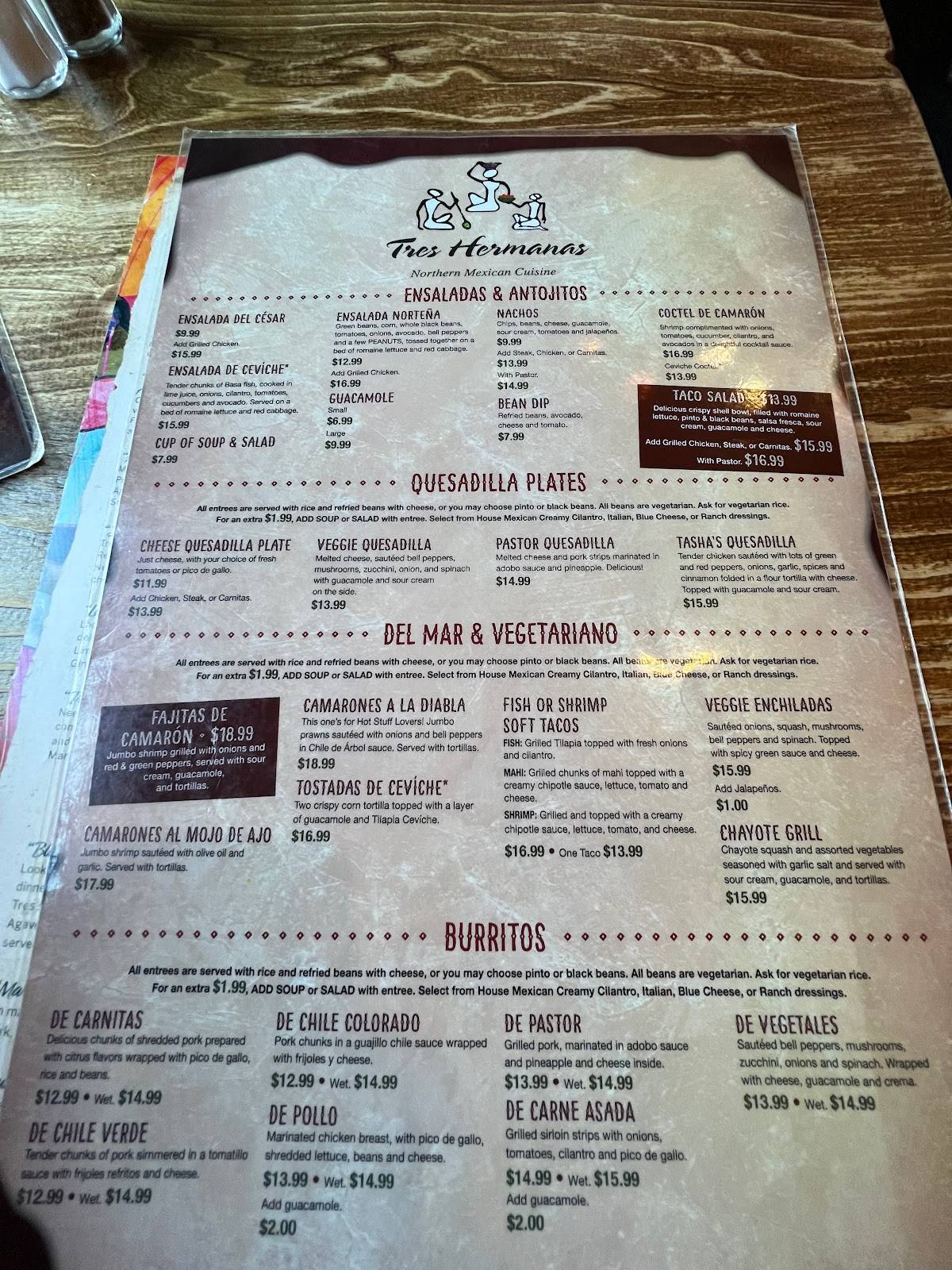 Menu at Tres Hermanas restaurant, Sacramento