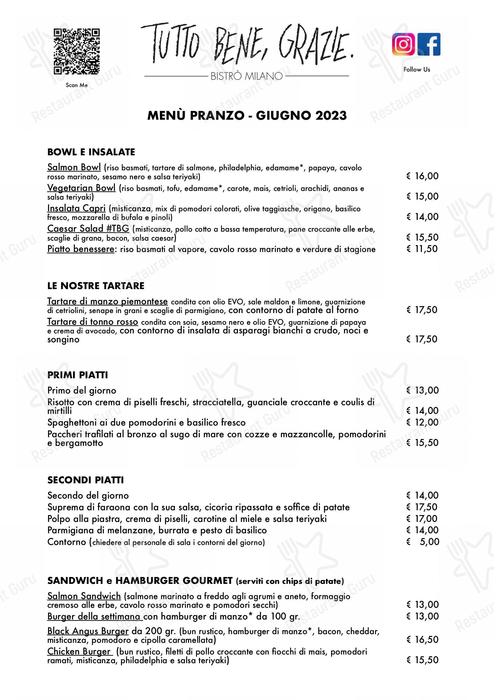 Menu da Tutto Bene Grazie Bistrot caffè bar, Milano